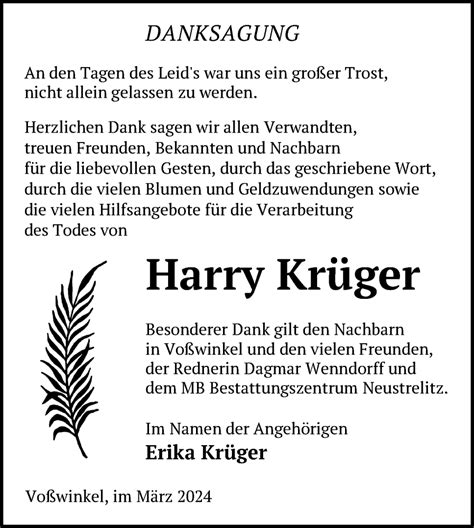 Traueranzeigen Von Harry Kr Ger Trauer Nordkurier