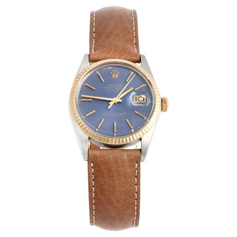 Rolex Mens 36mm TT Datejust Black Patina Dial Blue Leather Strap Watch