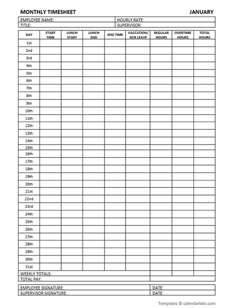 Printable Timesheet Monthly Template Free Printable Templates