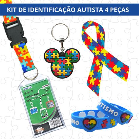 Kit 04 Peças Identificação Autismo Azul Cordão Porta Crachá
