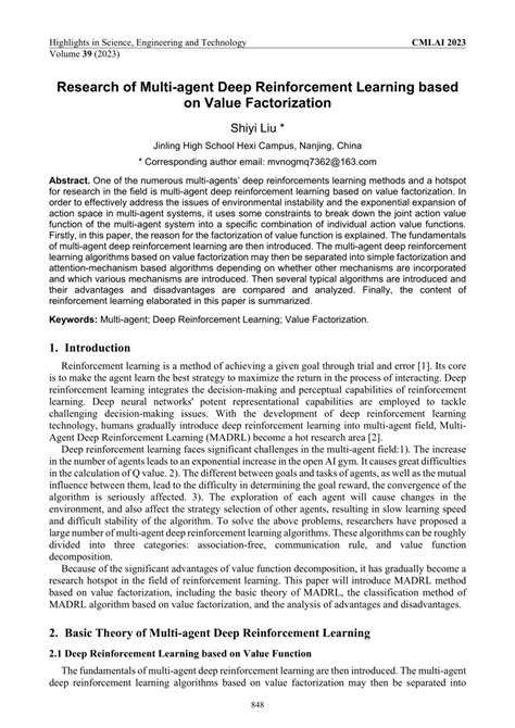 pdf research of multi agent deep reinforcement learning based on value factorization