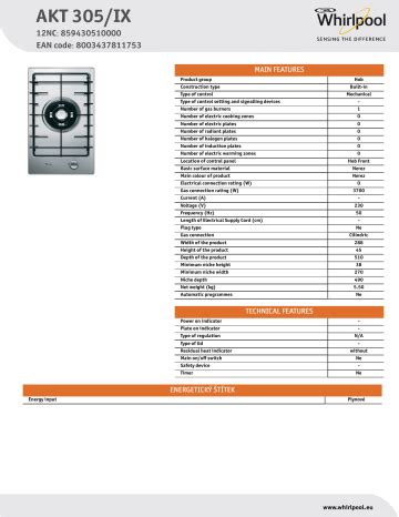 Whirlpool AKT 305 IX Hob Product Data Sheet Manualzz