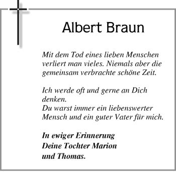 Traueranzeigen von Albert Braun Schwarzwälder Bote Trauer