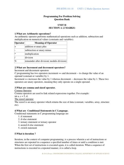 pps btps 101 18 unit 1 2 marks question answers pdf control flow c programming language