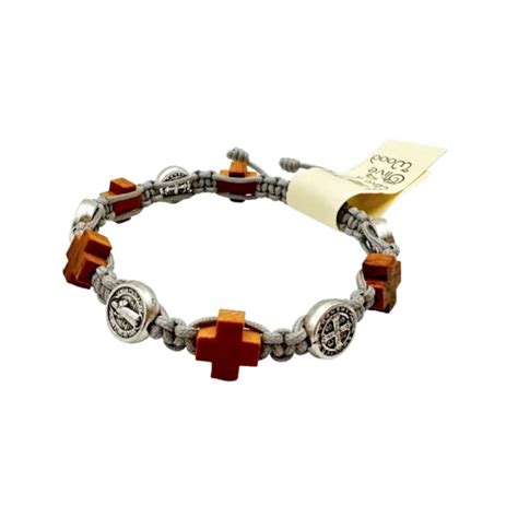 Pulsera denario cruces de madera y Medalla San Benito cordón azul