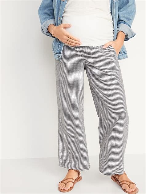 Maternity Rollover Waist Striped Linen Blend Wide Leg Pants Old Navy