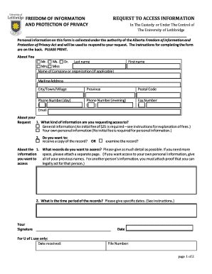 Fillable Online Uleth FREEDOM OF INFORMATION REQUEST TO ACCESS Fax