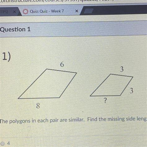 the polygons in each pair are similar find the missing side length a 4 b 3 c 3 d 7