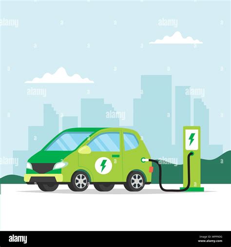 Electric Car Charging On City Background Concept Illustration For