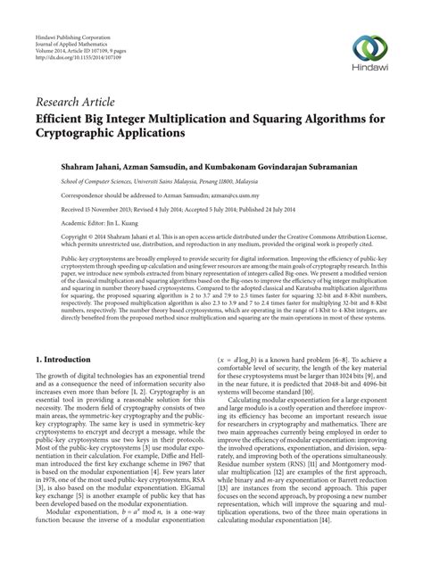 pdf efficient big integer multiplication and squaring algorithms for cryptographic applications