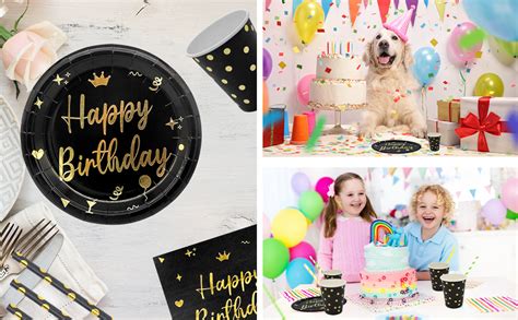 NINEFO 120pcs Happy Birthday Partygeschirr Set Gold Schwarz Pappteller
