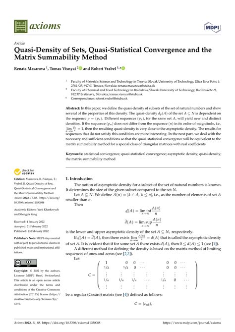 pdf quasi density of sets quasi statistical convergence and the matrix summability method