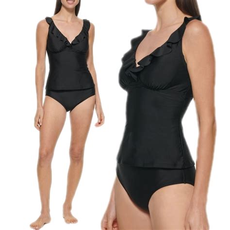 Dkny Swim Nwt Dkny Womens M L Black Ruffle Tankini Piece