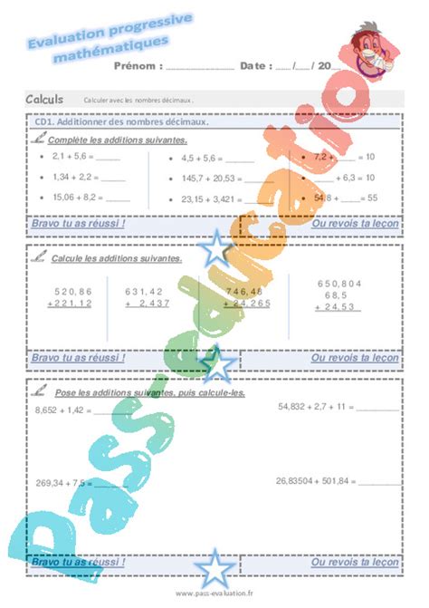 Addition de Nb décimaux Cycle 3 Exercice évaluation révision leçon