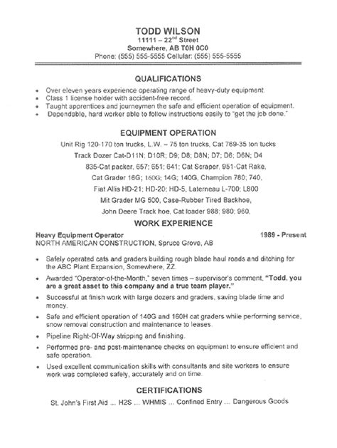 Heavy Equipment Resume Sample
