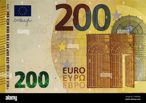 Front Part Of 200 Euro Banknote Close Up With Small Details European