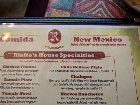 Menu At El Rialto Restaurant Las Vegas
