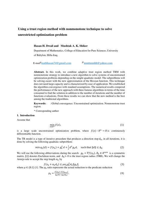 pdf using a trust region method with nonmonotone technique to solve unrestricted optimization