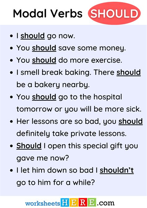 Modal Verbs SHOULD Definition And Example Sentences PDF Worksheet For