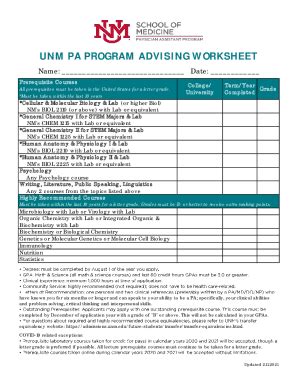 Fillable Online Hsc Unm UNM PA PROGRAM ADVISING WORKSHEET Fax Email