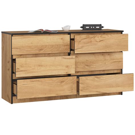 Commode AKORD K140 Chêne Craft 138 cm 6 tiroirs façade Chêne Craft