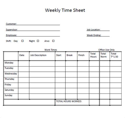 Printable Weekly Timesheet Template Word