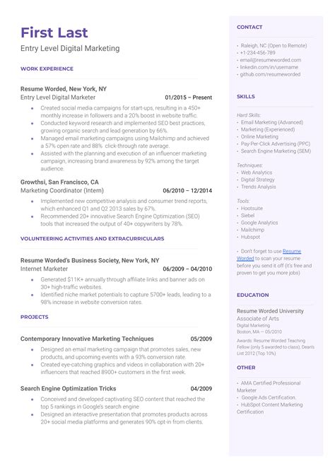 Entry Level Digital Marketing Resume Example For 2023 Resume Worded