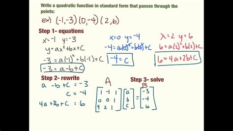 write quadratics in standard form from 3 points youtube
