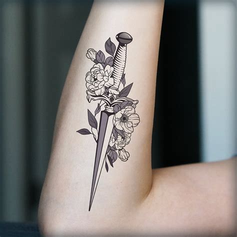 Temporary Tattoo Dagger 4 5 Floral Tattoo Feminine Tattoo Etsy