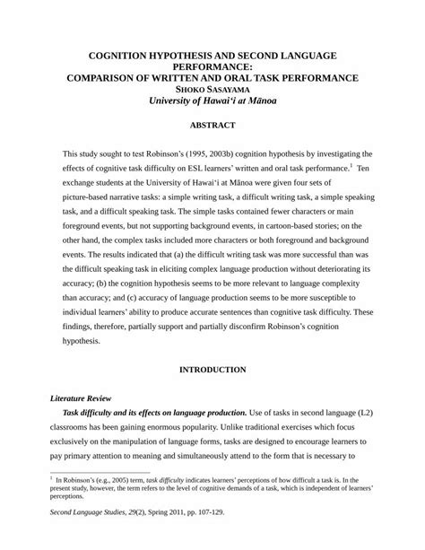 pdf cognition hypothesis and second language …cognition hypothesis and second language