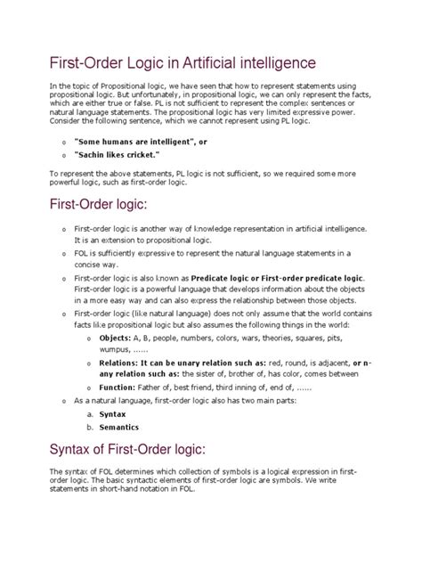 first order logic in artificial intelligence pdf first order logic reasoning