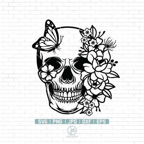 Skull Flower With Butterfly Svg Skull Svg Floral Skull Etsy Australia