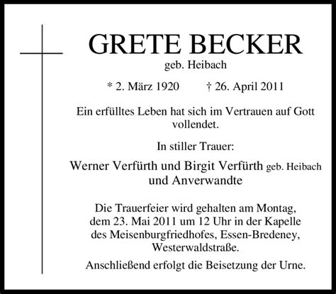 Trauer Und Todesanzeigen Von Grete Becker Trauer De