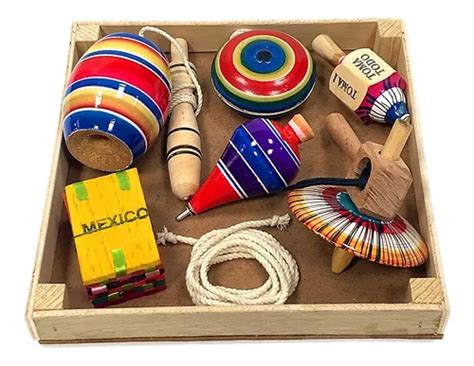 6 Juguetes Tradicionales Mexicanos Colores En Huacal Madera Envío gratis