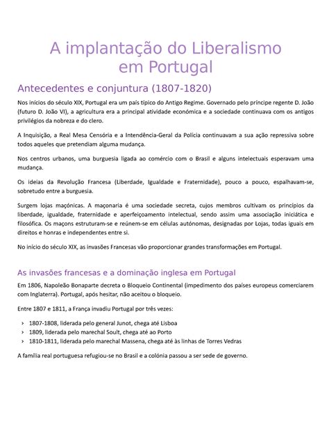 A implantação do Liberalismo em Portugal A implantação do Liberalismo