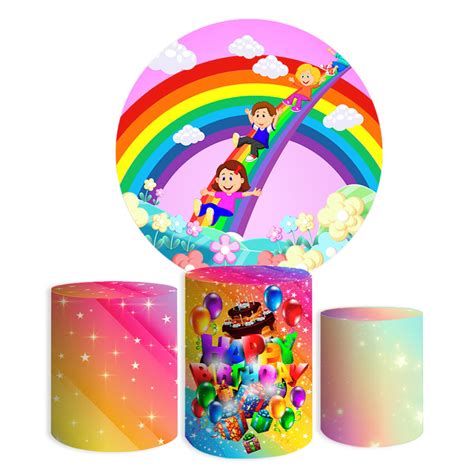 Kit Painel De Festa Redondo Trio Cilindro Tema Arco Iris