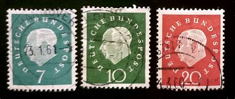 Theodor Heuss 7 Pf 10 Pf 20 Pf Postage Stamps