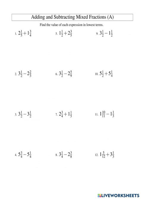 adding and subtracting mixed numbers no simplifying live worksheets