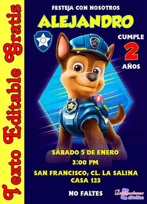 Invitación de Paw Patrol Gratis Invitaciones Editables 2024