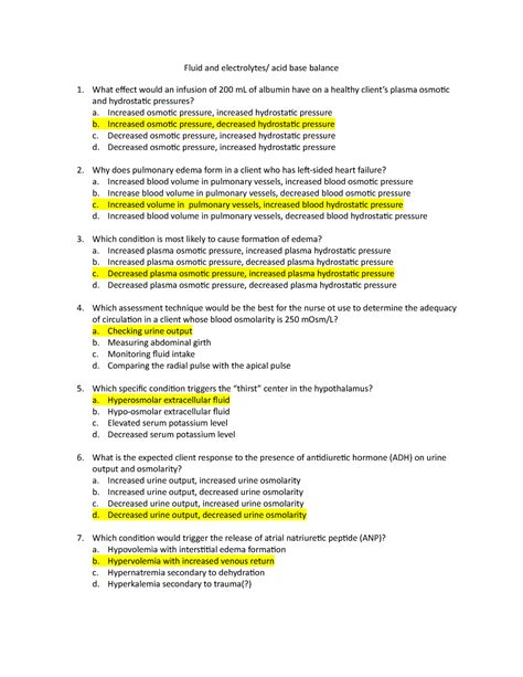 Fluid And Electrolyte Practice Quiz