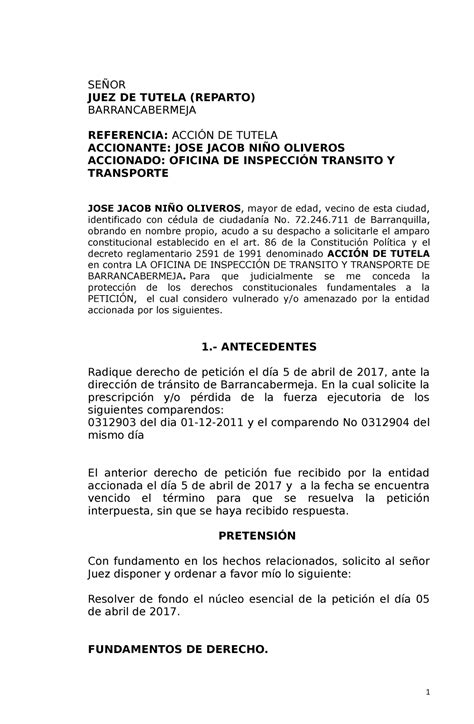 Tutela VULNERACION DERECHO FUNDAMENTAL DE PETICIÓN SEÑOR JUEZ DE