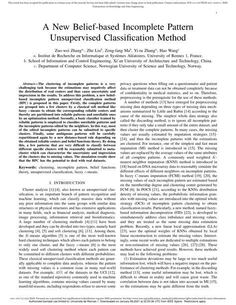 pdf a new belief based incomplete pattern unsupervised classification method