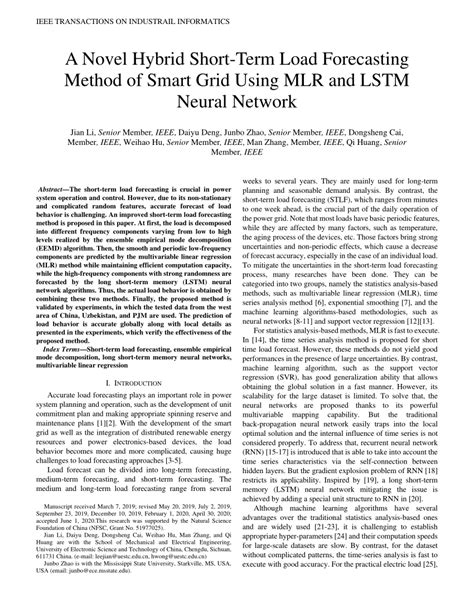 pdf a novel hybrid short term load forecasting method of smart grid using mlr and lstm neural