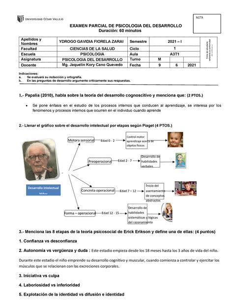 2do Examen Parcial Psi Desarrollo NOTA EXAMEN PARCIAL DE PSICOLOGIA