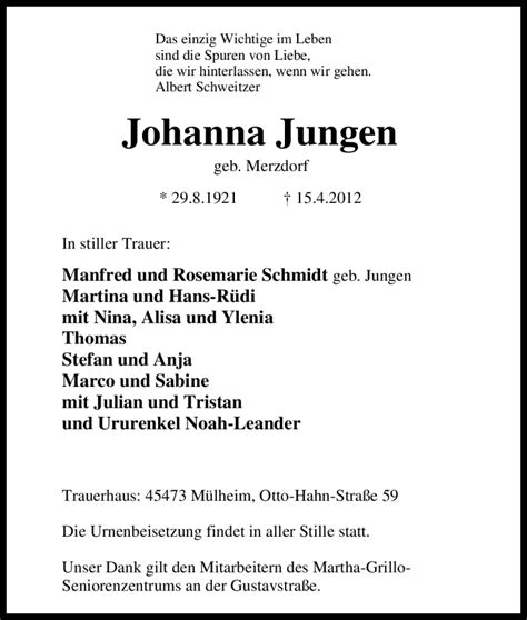 Traueranzeigen Von Johanna Jungen Trauer In NRW De