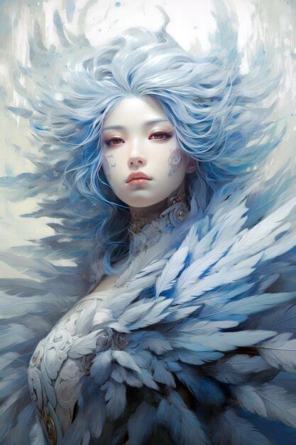 Premium AI Image A Woman With Blue Feathers And A White Feather On