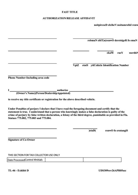 Fillable Fast Title Authorization Release Affidavit Form Printable Pdf