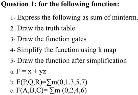 solved question 1 for the following function 1 express the following as sum of minterm 2