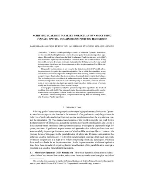 pdf achieving scalable parallel molecular dynamics using dynamic spatial domain decomposition