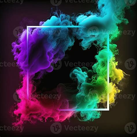 Abstract 3D Frame With Puffs Of Colorful Smoke And Neon Light On A